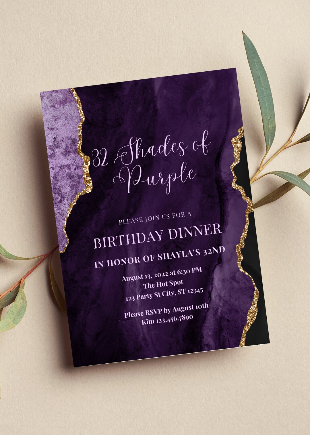 Editable Shades of Purple Invitation, Purple and Gold, Birthday Dinner ...