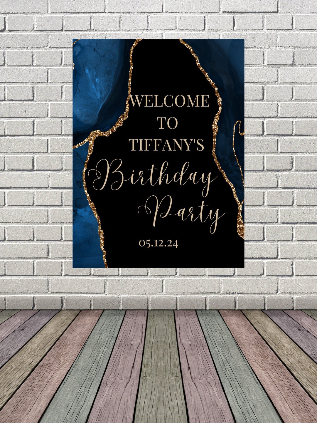 Editable Blue and Gold Birthday Welcome Sign, Agate Birthday Welcome ...