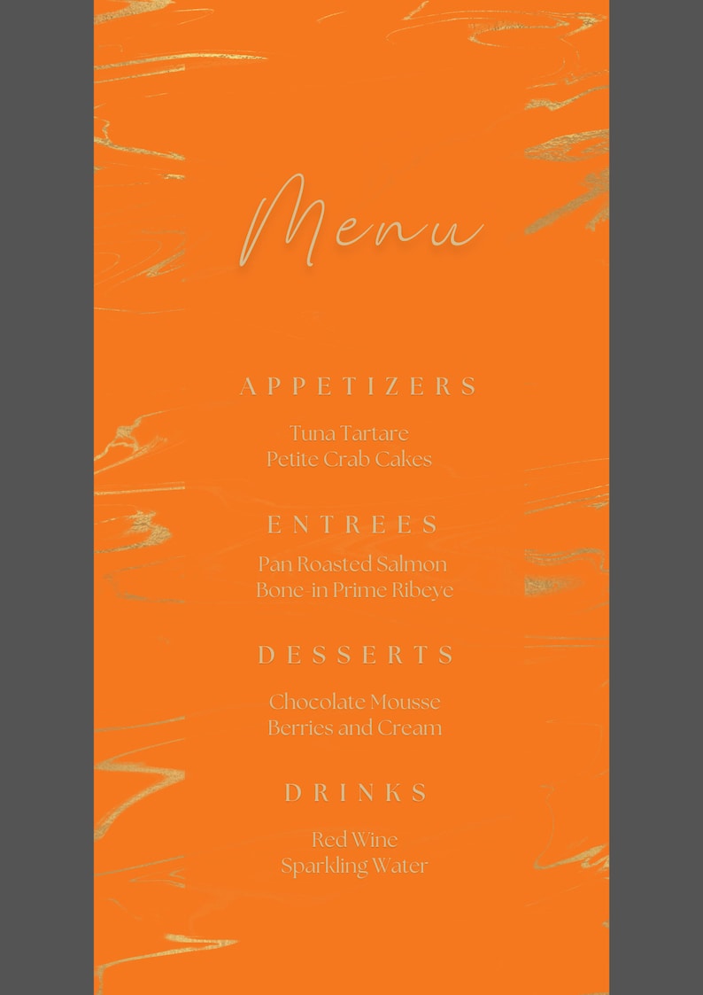 Editable Orange and Gold Menu Card Template, Marble Design, Luxury ...