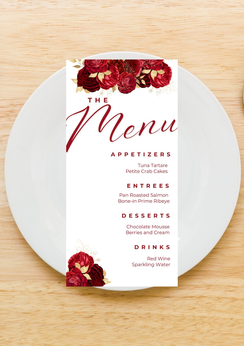 Editable Menu Card Template Red and Gold Menu Card Floral - Etsy