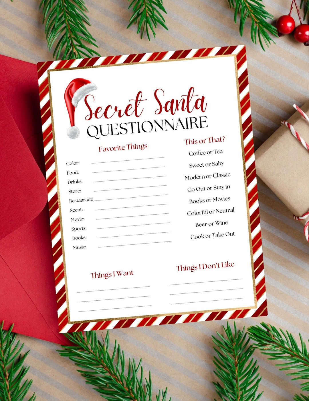 Secret Santa Questionnaire Printable, Editable Gift Exchange Survey - Etsy