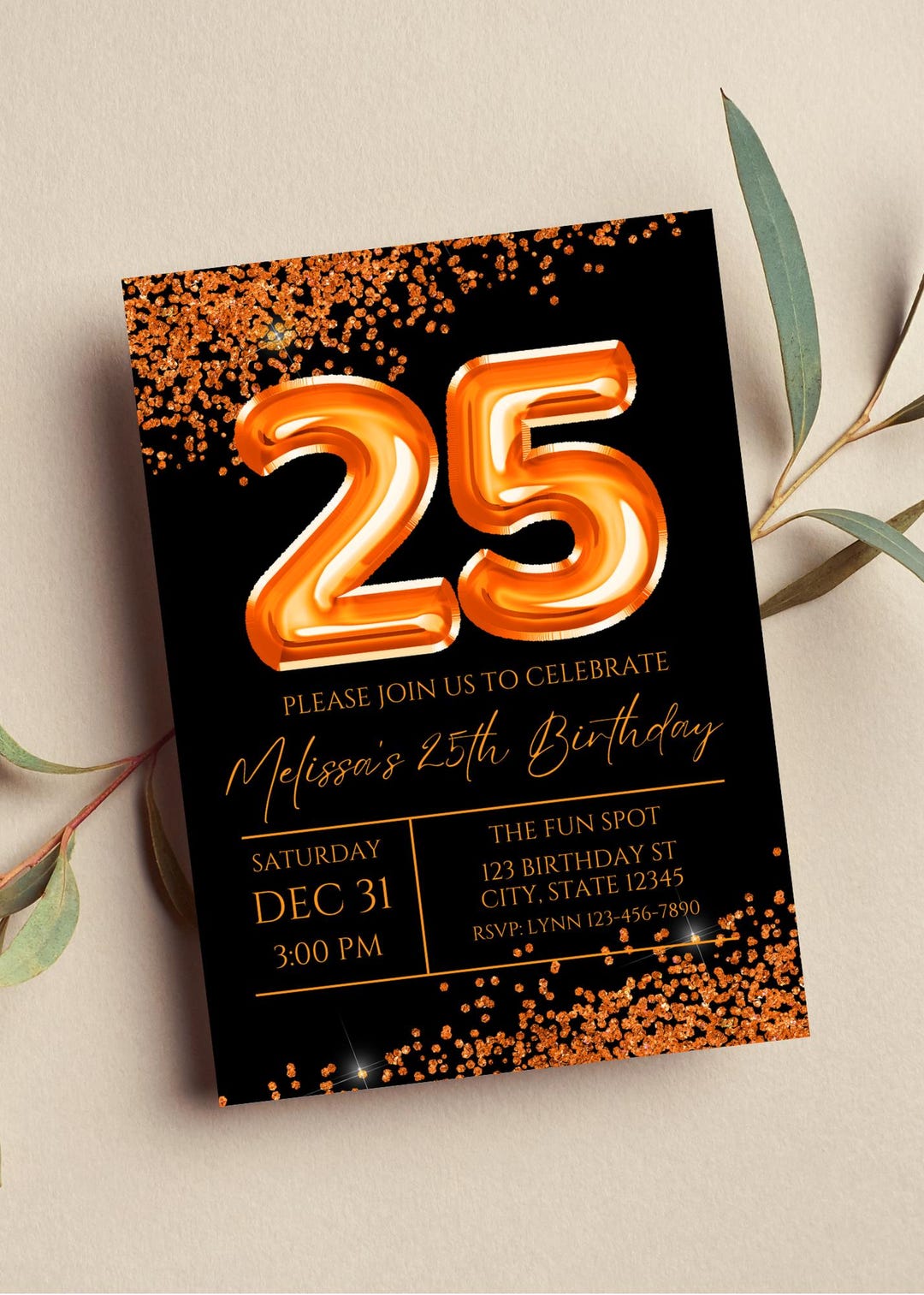 Editable 25th Birthday Invitation, Orange and Black Invitation, Orange ...