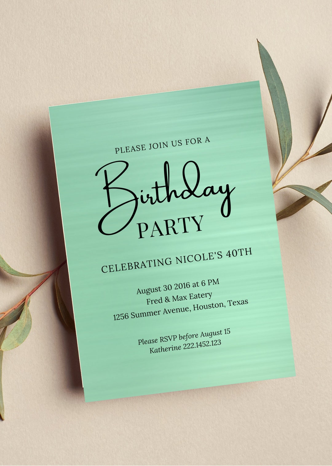 Mint Green Birthday Invitation, Editable, Minimalist, Modern, Printable ...