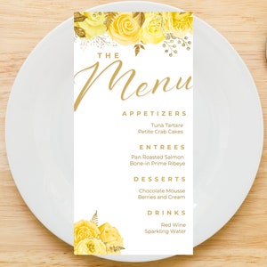 Editable Menu Card Template, Yellow and Gold Menu Cards, Floral, Dinner ...