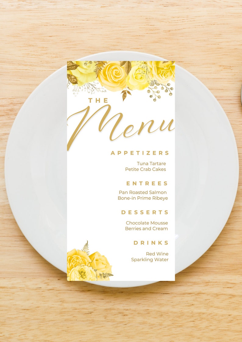 Editable Menu Card Template Yellow and Gold Menu Card - Etsy