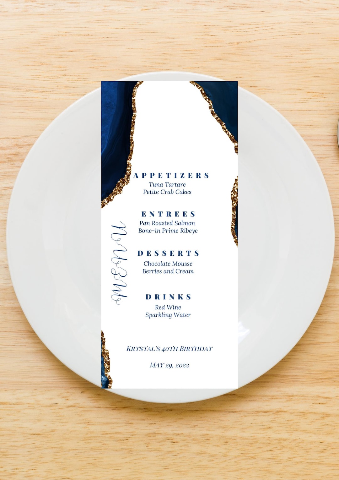 Editable Birthday Party Menu Card Template, Blue White and Gold ...