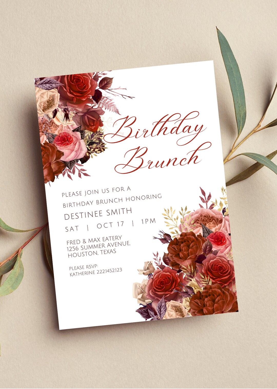 Editable Brunch Invitation, Autumn Flower Birthday Brunch, Fall Floral ...