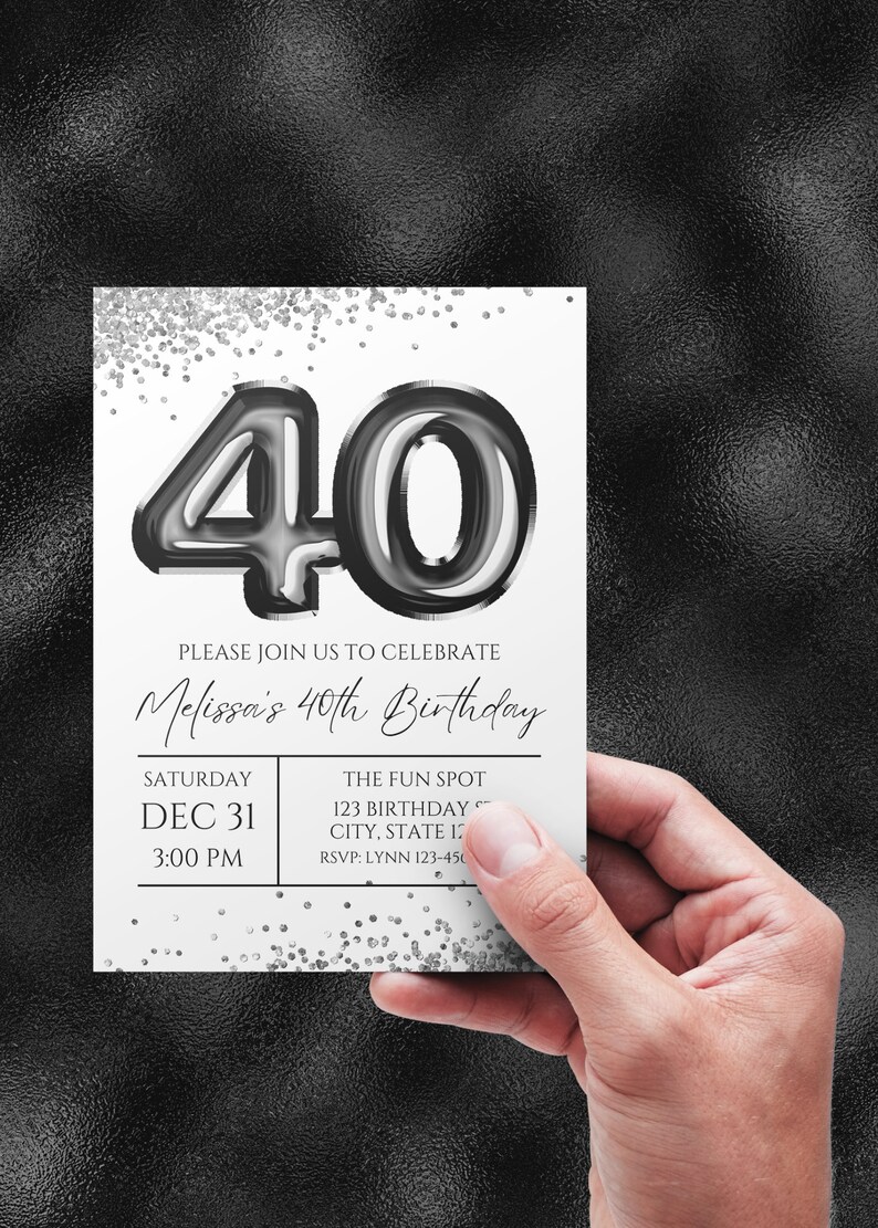 Editable 40th Birthday Invitation, Black and White Invitation, Black 40 ...