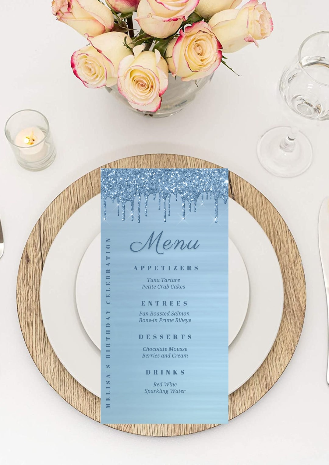 Editable Blue Menu Card Template, Blue Glitter Drip Menu Cards ...