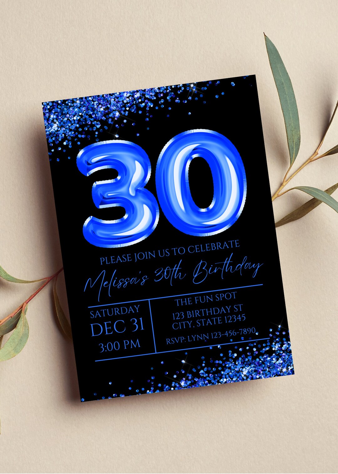 Editable 30th Birthday Invitation, Blue and Black Invitation, Blue 30 ...