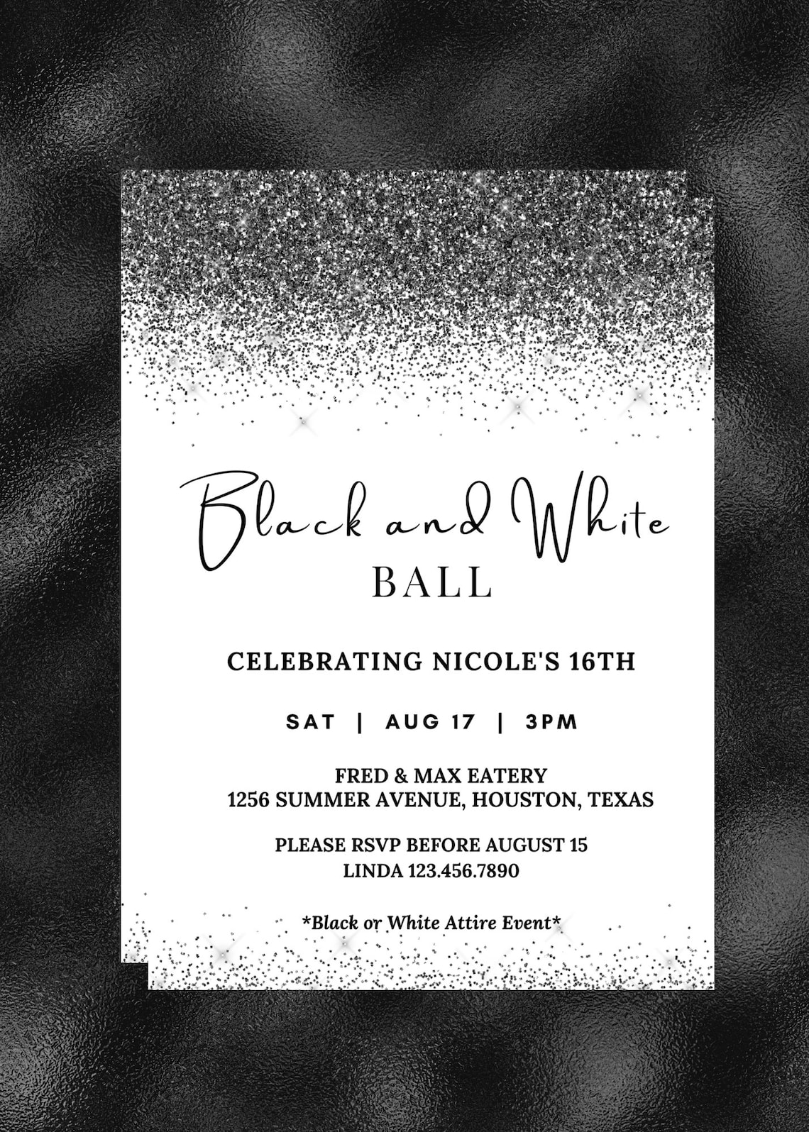 Editable Black and White Ball Invitation, Black Glitter, Print or Text ...