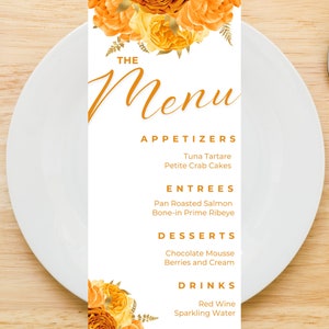 Editable Menu Card Template, Orange and Gold Menu, Floral, Dinner Menu ...