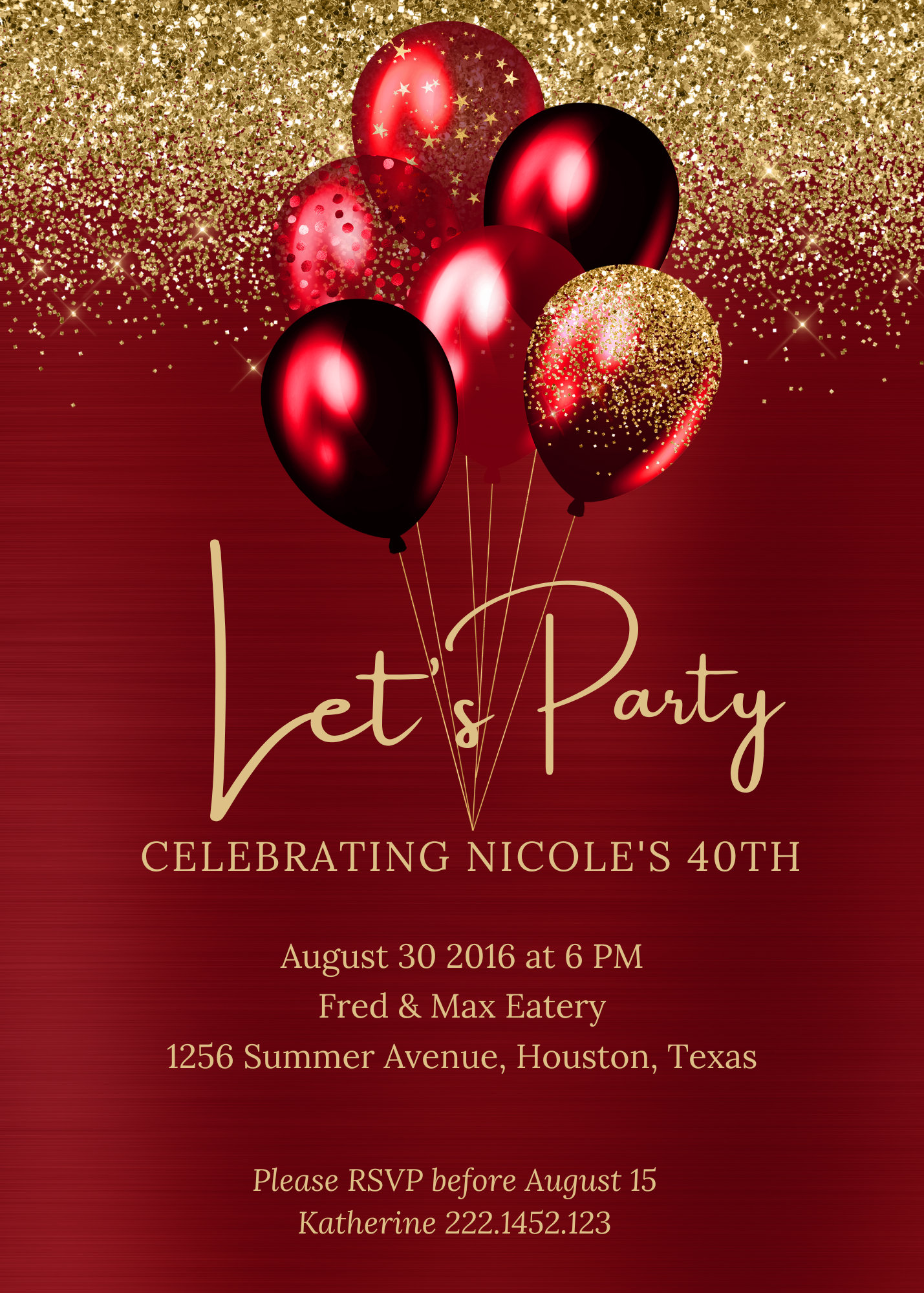 Editable Red and Gold Birthday Invitation, Let's Party Red Balloons ...