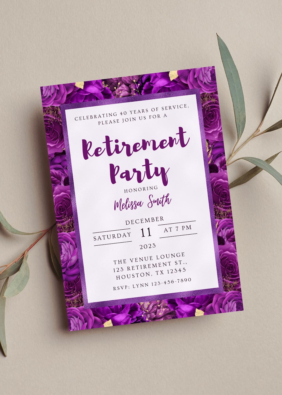 Editable Retirement Party Invitation Template, Purple and Gold Floral ...