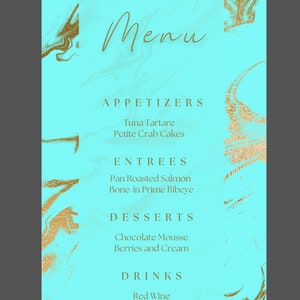 Editable Aqua Blue and Gold Menu Card Template, Marble Design, Luxury ...