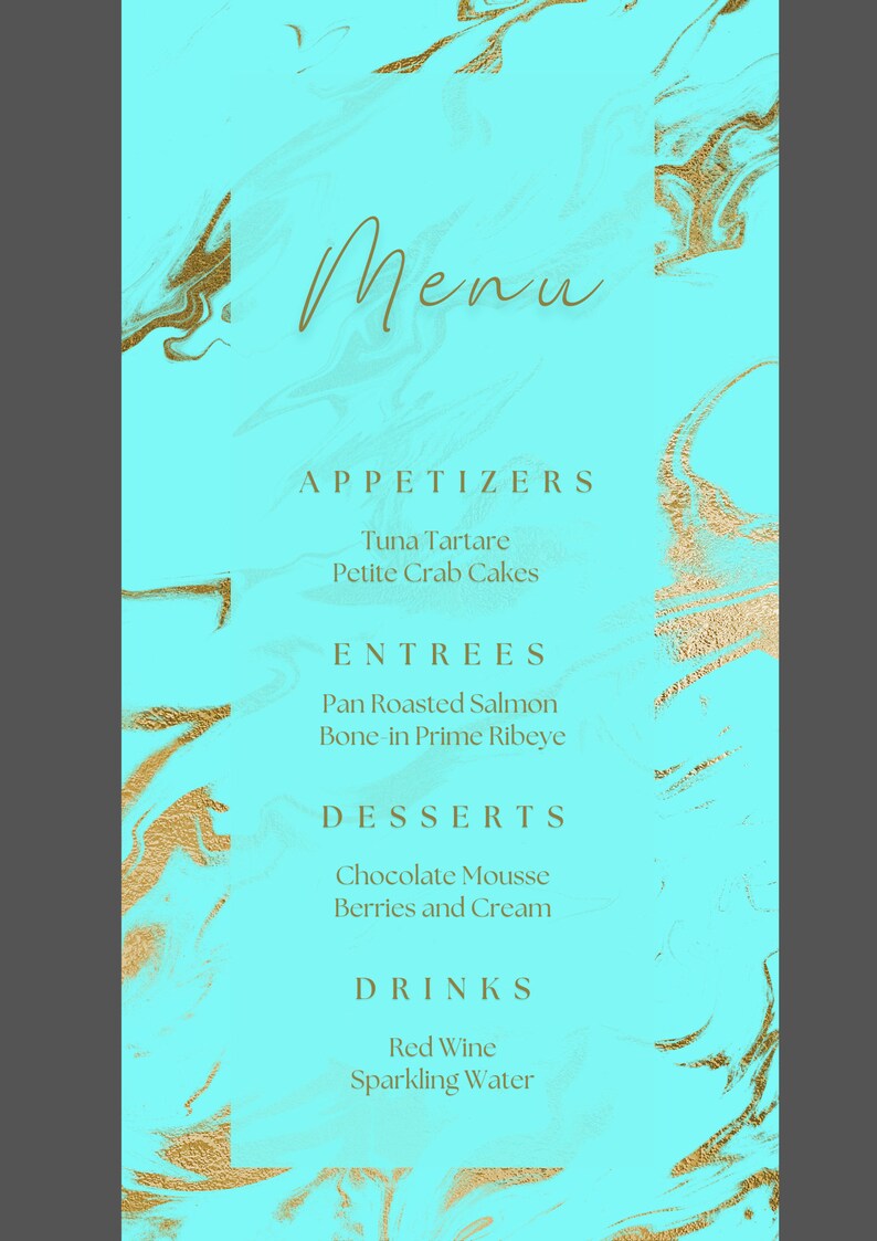 Editable Aqua Blue and Gold Menu Card Template, Marble Design, Luxury ...