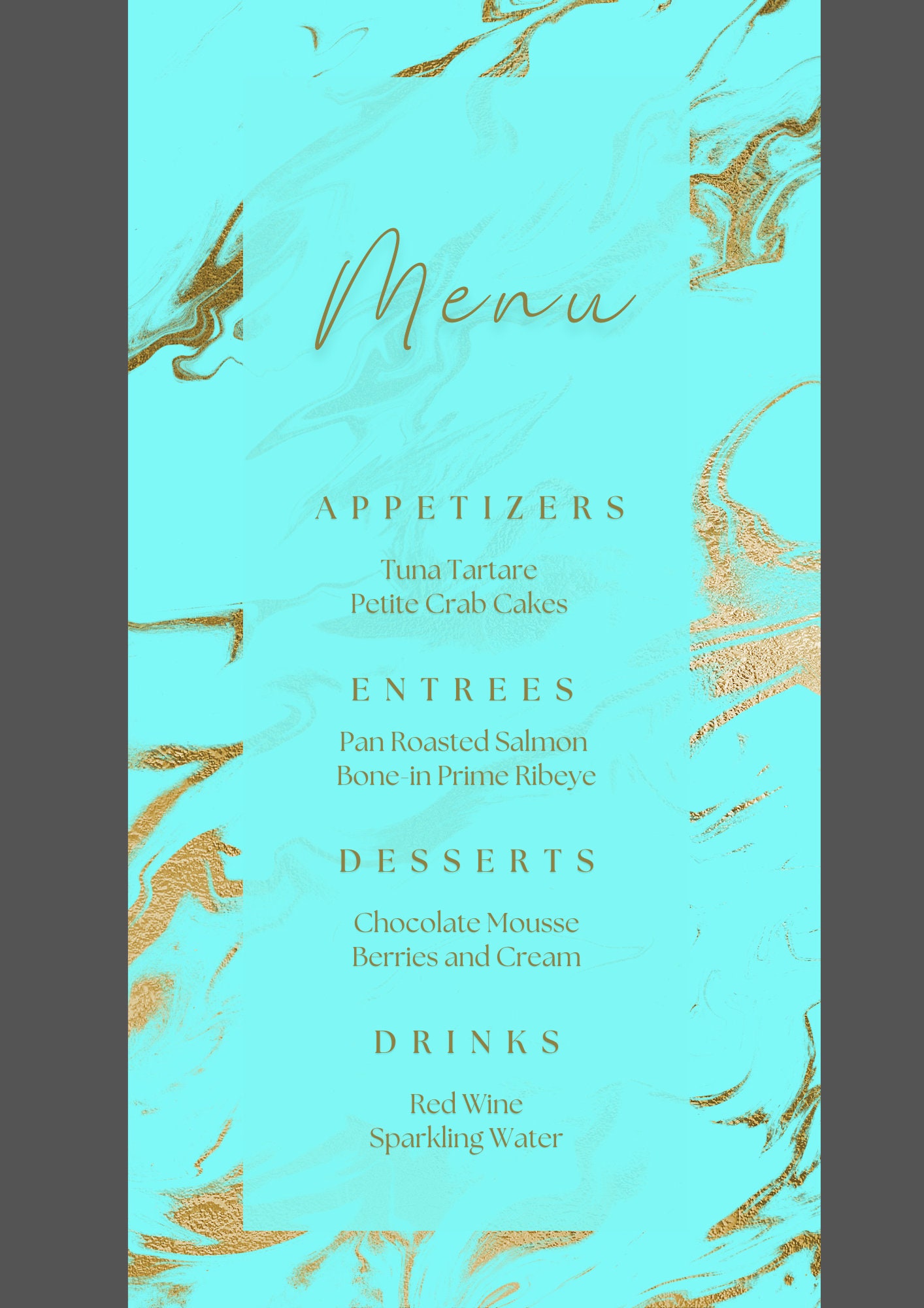 Editable Aqua Blue and Gold Menu Card Template, Marble Design, Luxury ...