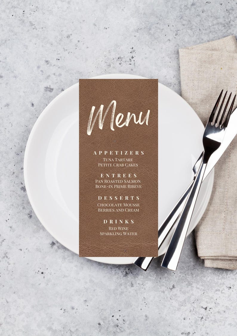 Editable Menu Card Template, Brown Leather, Men Birthday, Dinner Menu ...