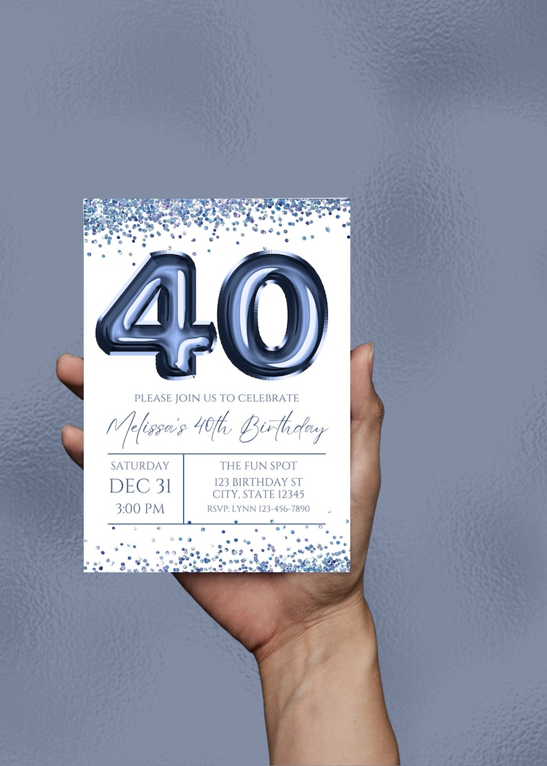 Editable 40th Birthday Invitation, Navy Blue and White Invitation, Navy ...