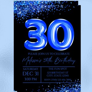 Editable 30th Birthday Invitation, Blue and Black Invitation, Blue 30 ...