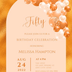 Editable Orange Birthday Invitation, Orange Balloon Arch Invite ...