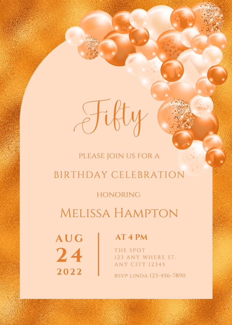 Editable Orange Birthday Invitation, Orange Balloon Arch Invite ...