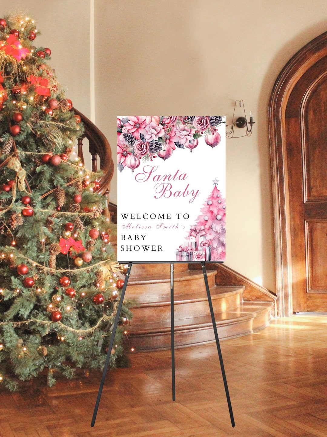 Editable Santa Baby Welcome Sign Baby Shower Pink Christmas Entrance ...