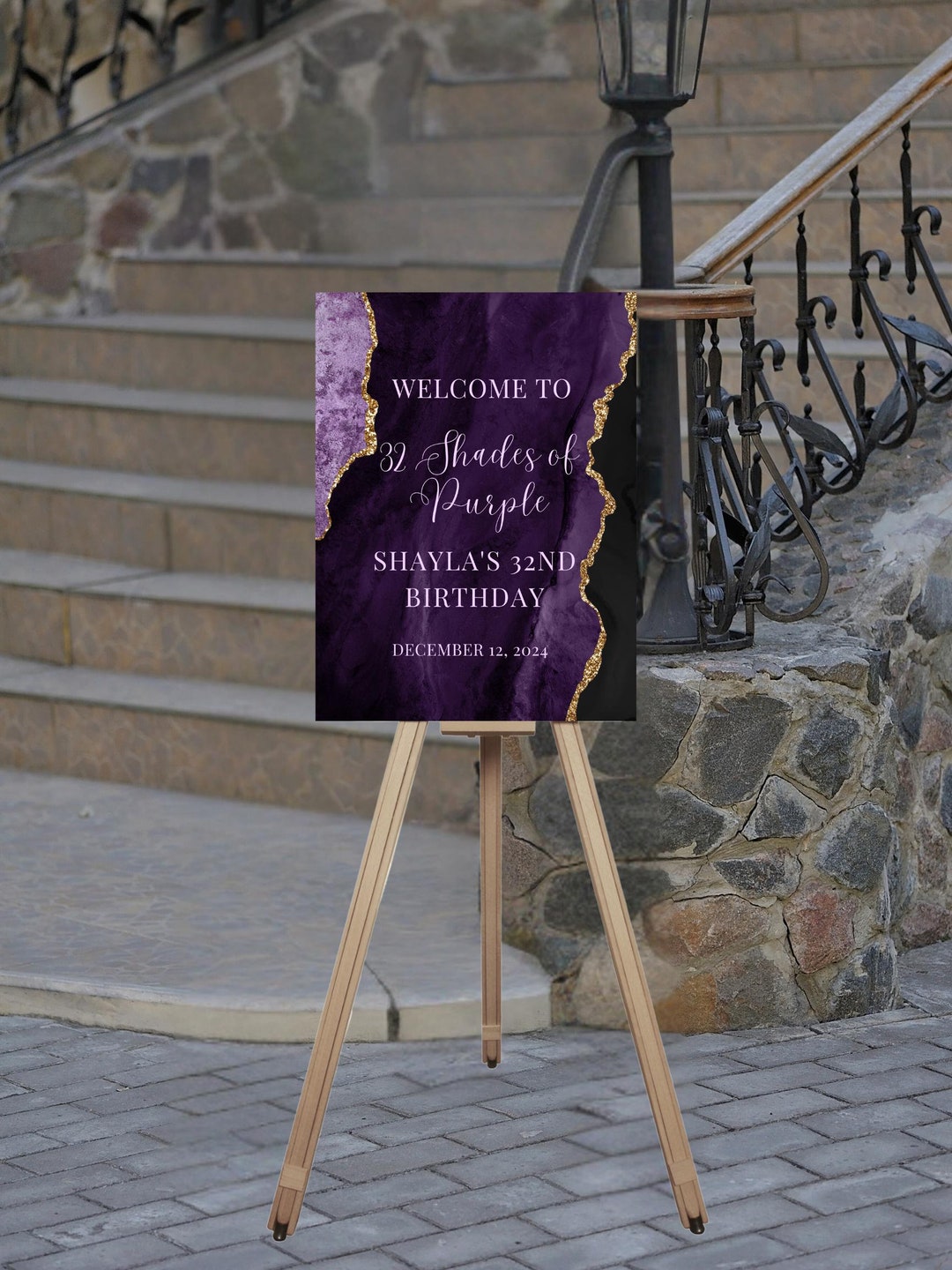 Editable Shades of Purple Birthday Welcome Sign, Purple and Gold ...