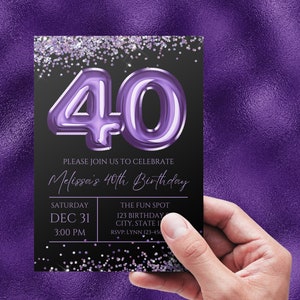 Editable 40th Birthday Invitation, Purple and Black Invitation, Purple ...