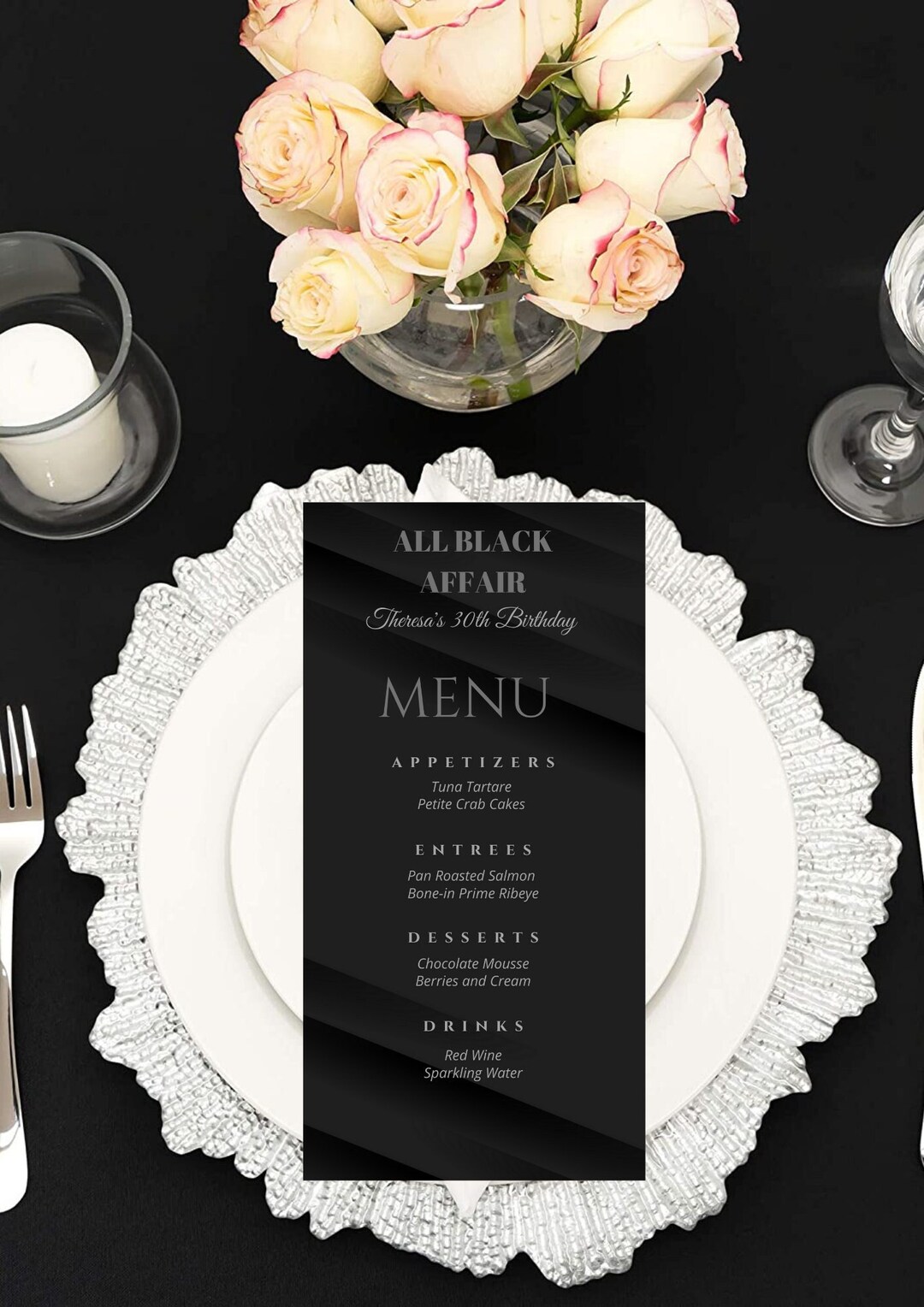 All Black Affair Menu Card Template, Birthday Dinner Menu Cards, Table ...