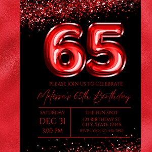 Editable 65th Birthday Invitation, Red and Black Invitation, Red 65 ...