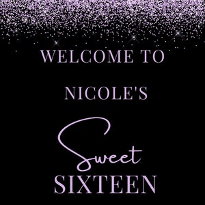 Editable Sweet 16 Purple and Black Birthday Welcome Sign, Glitter ...