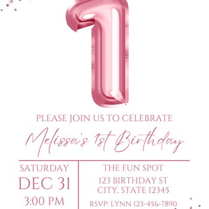 Editable 1st Birthday Invitation, Pink and White Invitation, Pink 1 ...