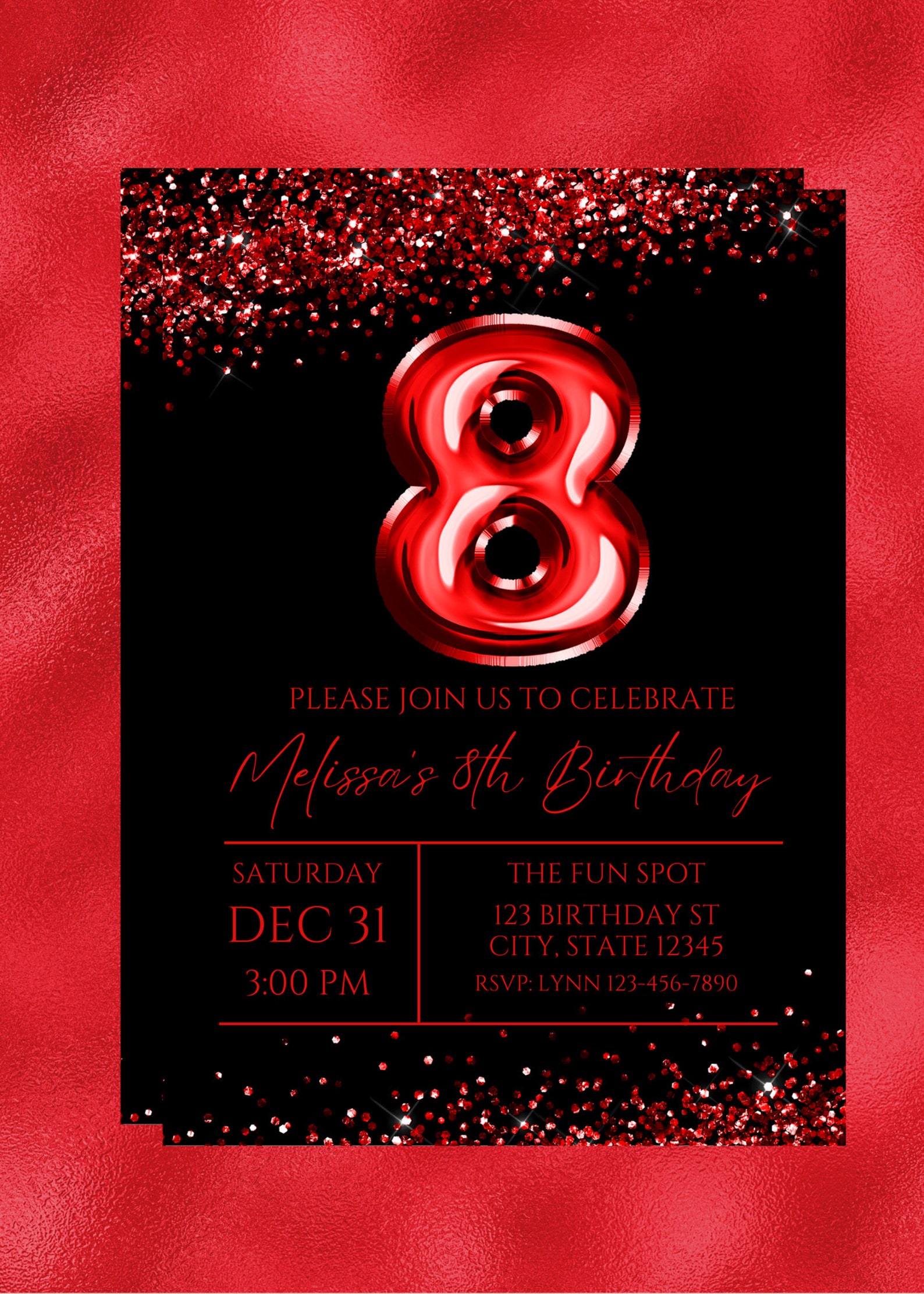 Editable 8th Birthday Invitation, Red and Black Invitation, Red 8 ...