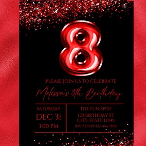Editable 8th Birthday Invitation, Red and Black Invitation, Red 8 ...