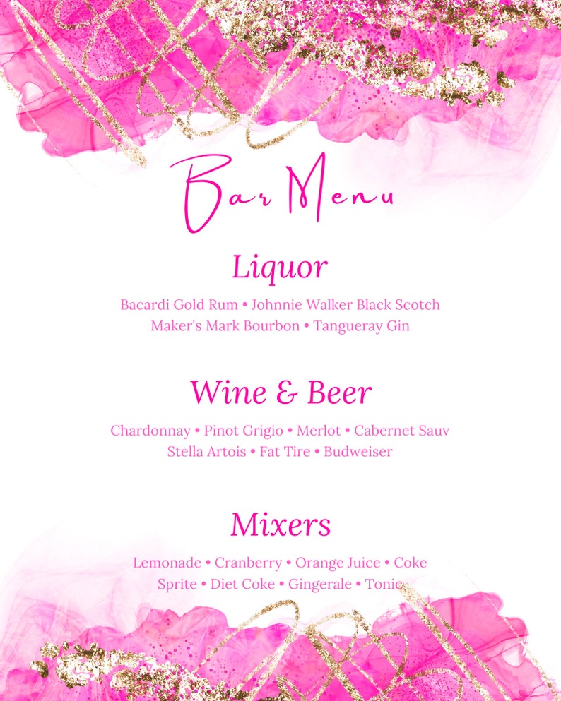 Editable Pink and Gold Bar Menu Card Template Full Size Menu - Etsy