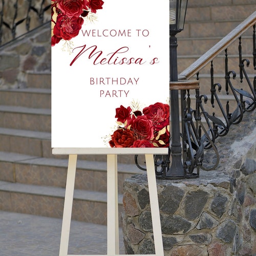 Red and Gold Floral Welcome Sign Birthday Welcome Poster - Etsy