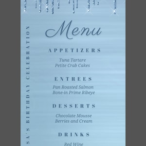 Editable Blue Menu Card Template, Blue Glitter Drip Menu Cards ...