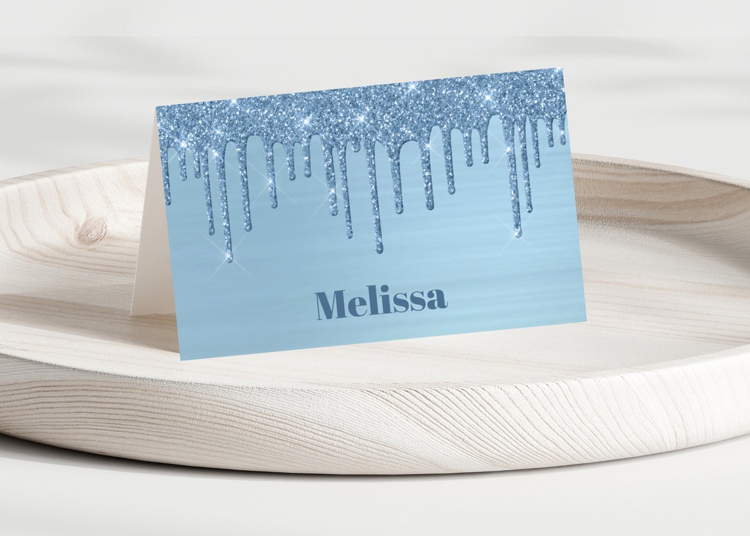 Editable Name Card Template, Blue Glitter Drip, Place Cards, Table ...