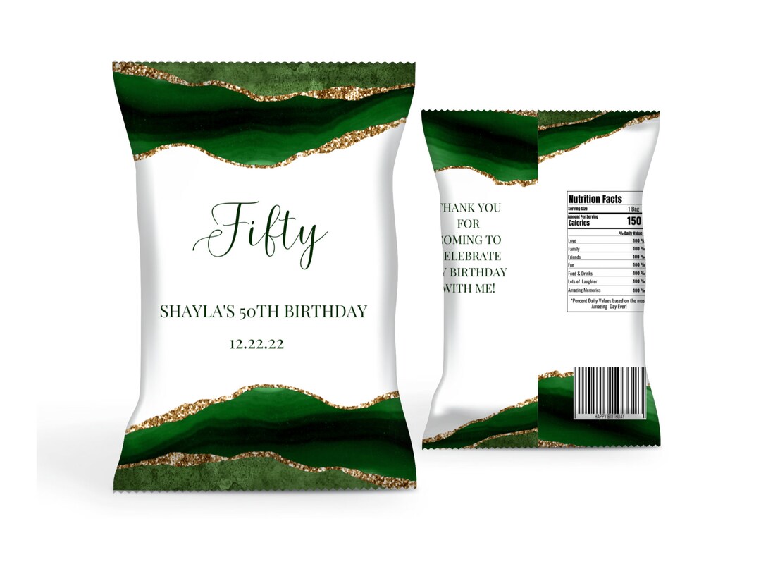 Editable Birthday Chip Bag, Green, White and Gold Chip Bag, Party Decor ...