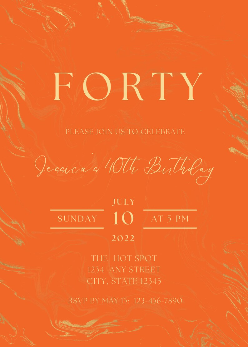 Editable Orange and Gold Birthday Invitation Orange Marble - Etsy
