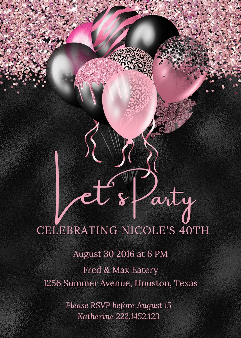 Editable Pink and Black Birthday Invitation Let's Party - Etsy