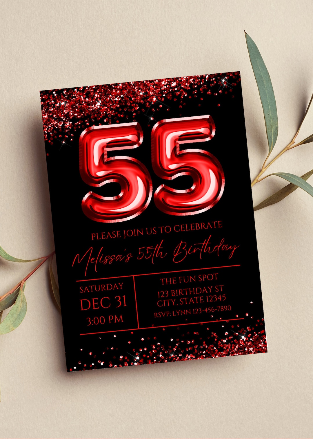 Editable 55th Birthday Invitation, Red and Black Invitation, Red 55 ...
