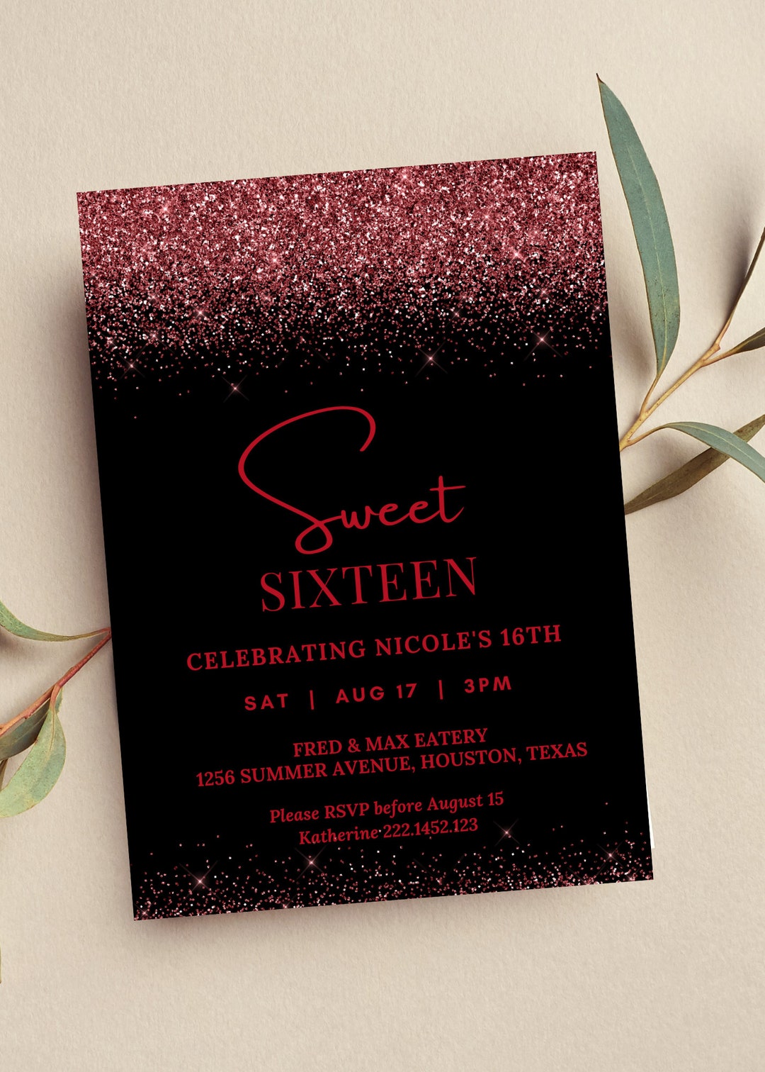 Editable Sweet 16 Birthday Invitation, Red and Black Invitation, Red ...
