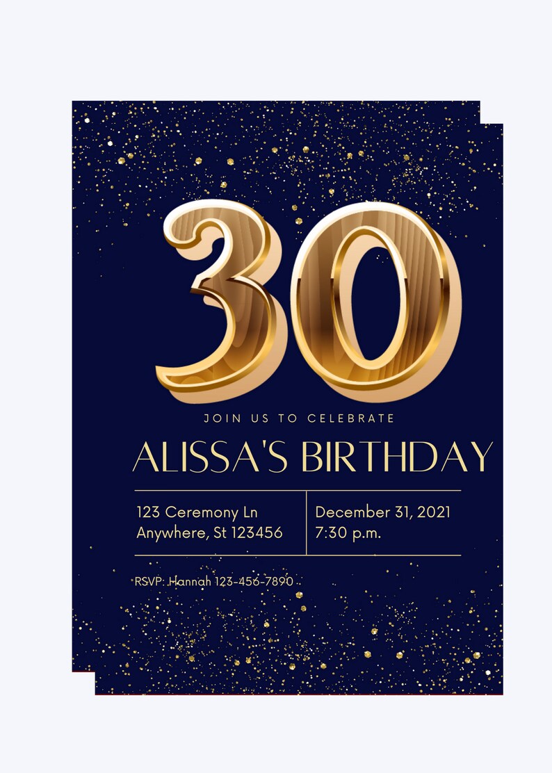 Editable 30th Birthday Party Invitation Blue and Gold | Etsy