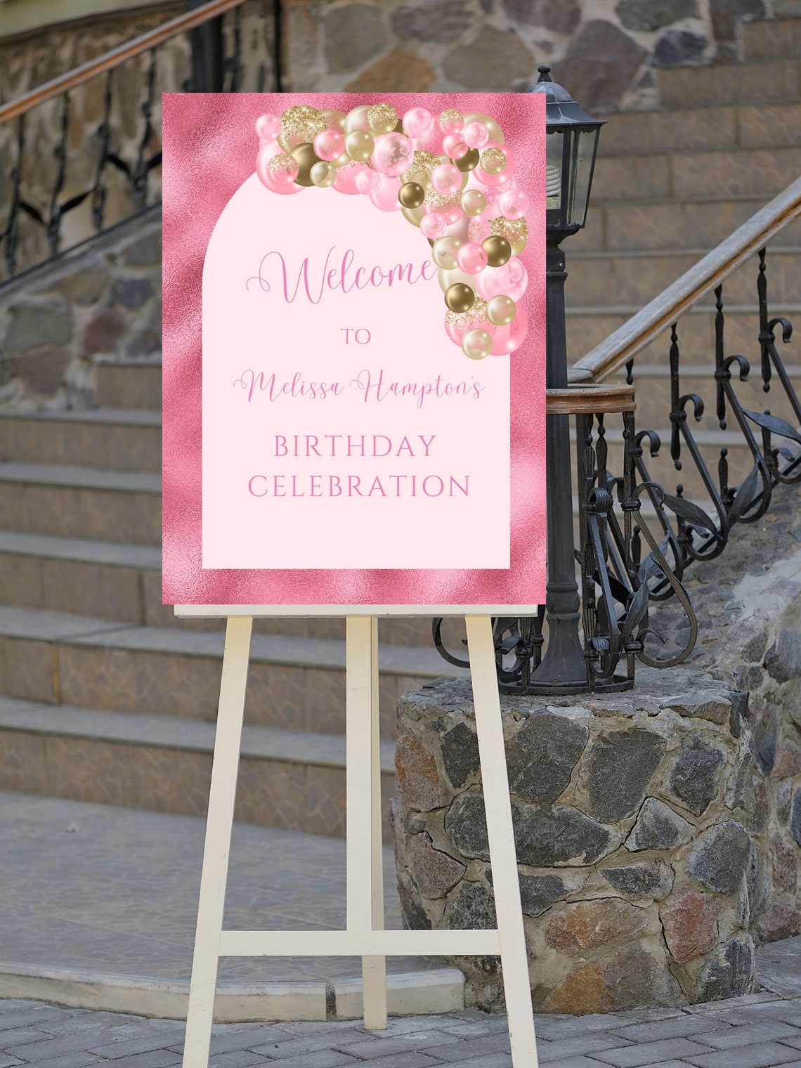 Editable Pink and Gold Birthday Welcome Sign, Balloon Birthday Party ...