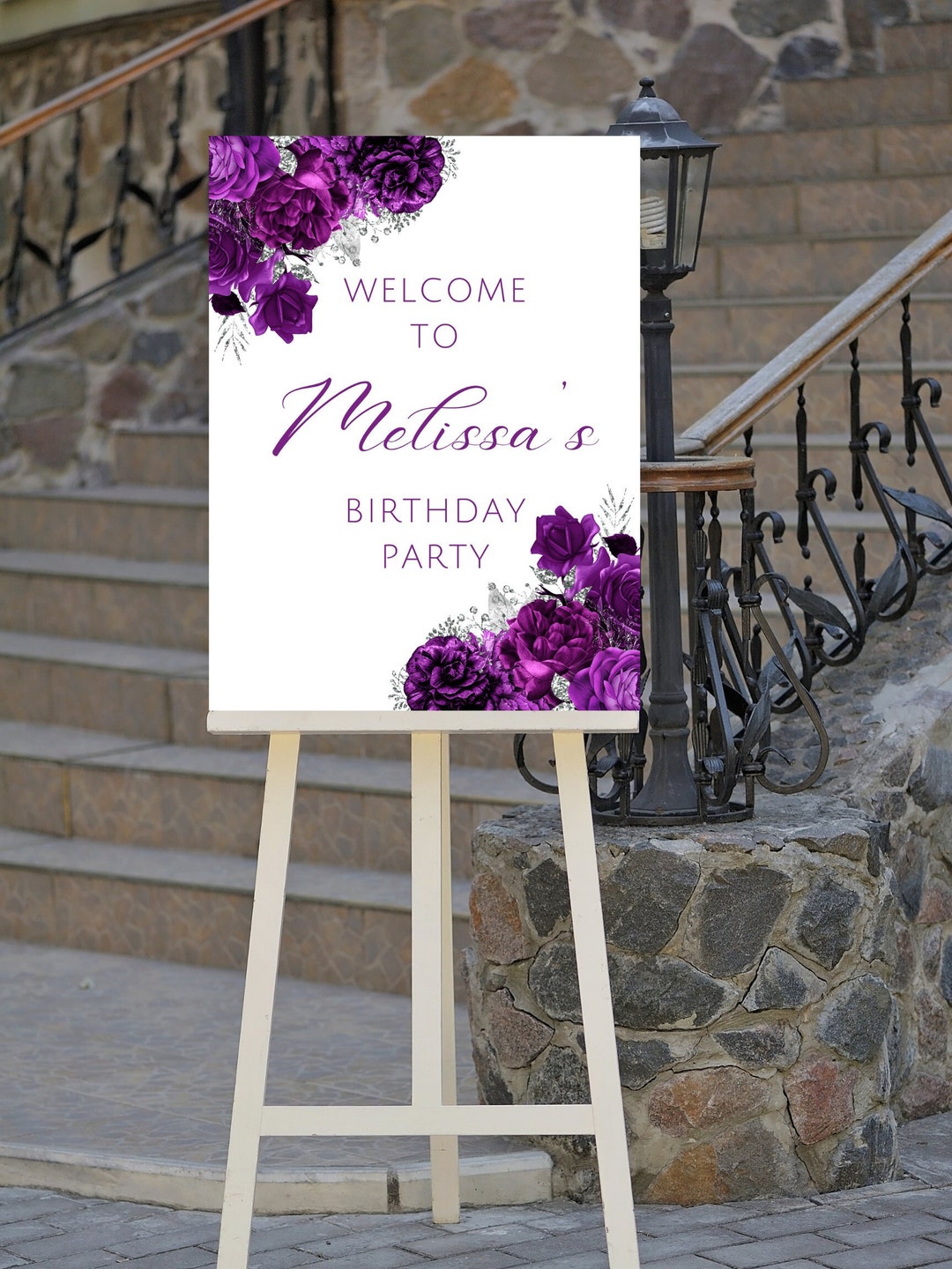 Editable Purple and Silver Birthday Welcome Sign, Floral, Wedding ...
