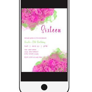 Editable Pink and Green Invitation, Birthday Invitation, Glam, Abstract ...