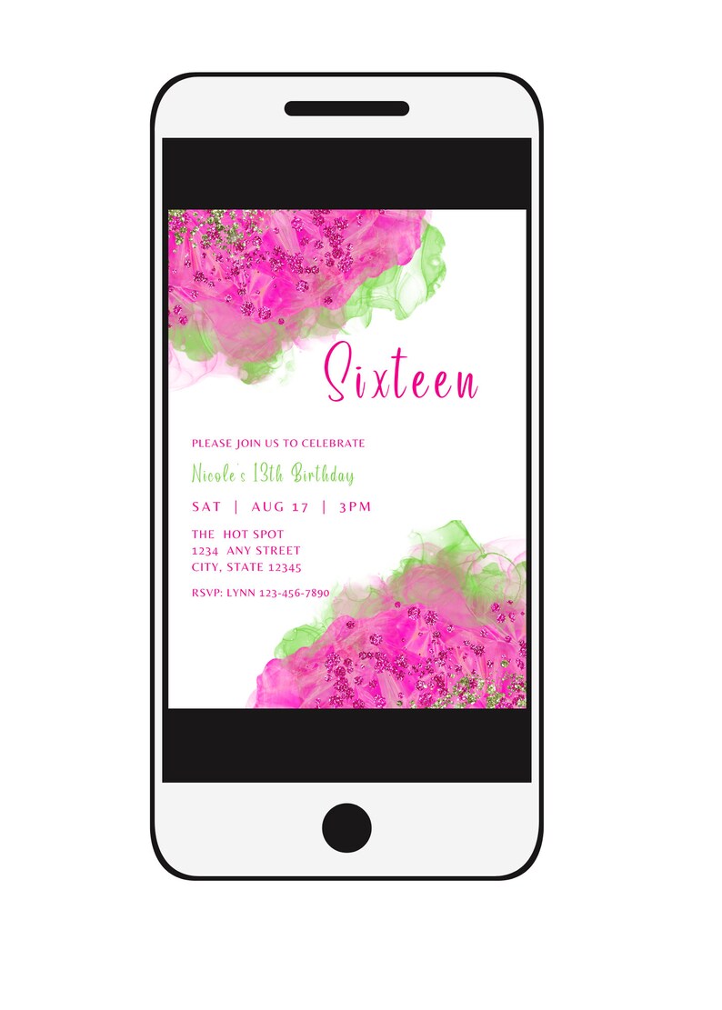 Pink and Green Abstract Birthday Invitation, Editable Template (digital ...