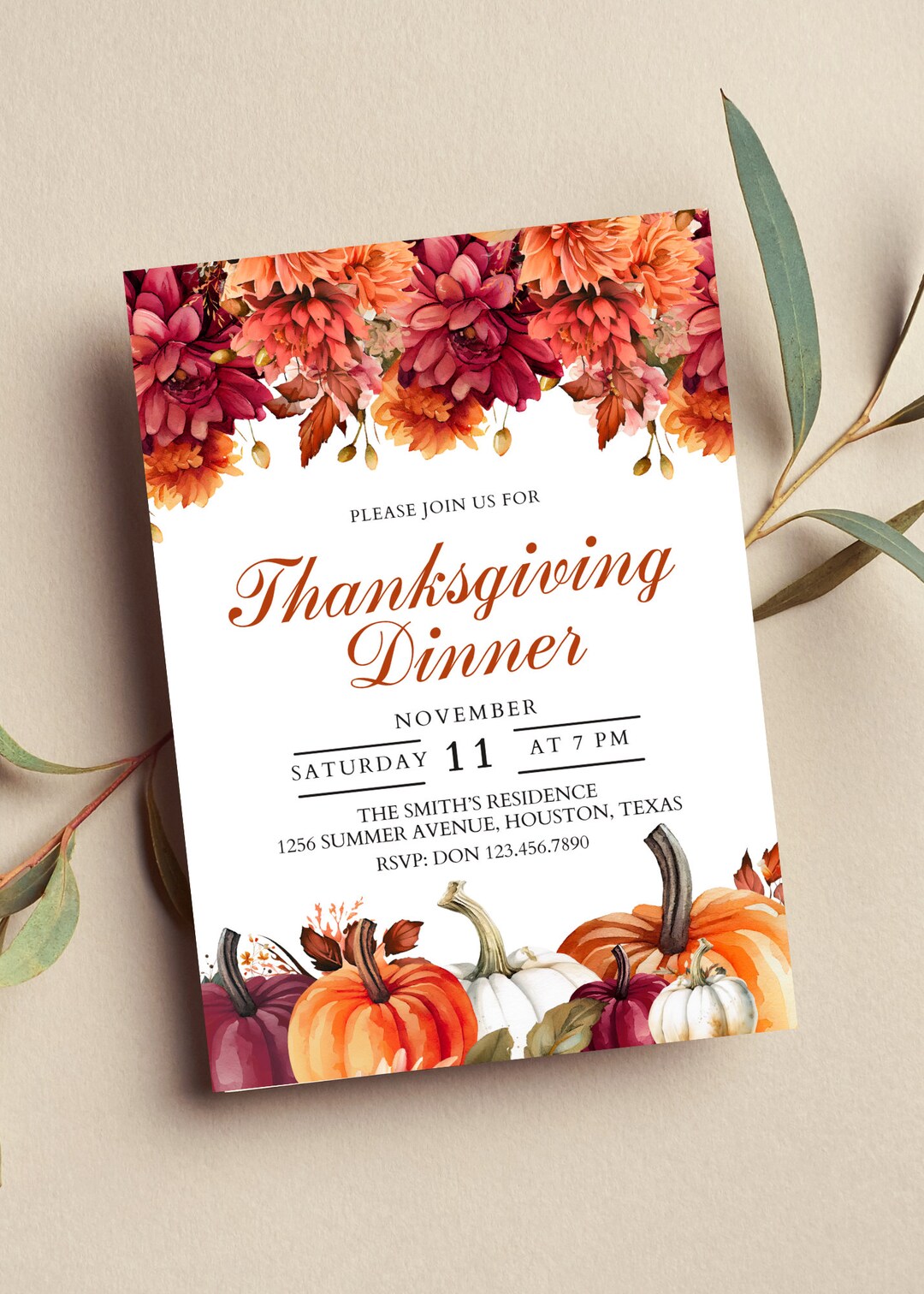 Editable Thanksgiving Invitation, Thanksgiving Dinner, Floral Orange ...